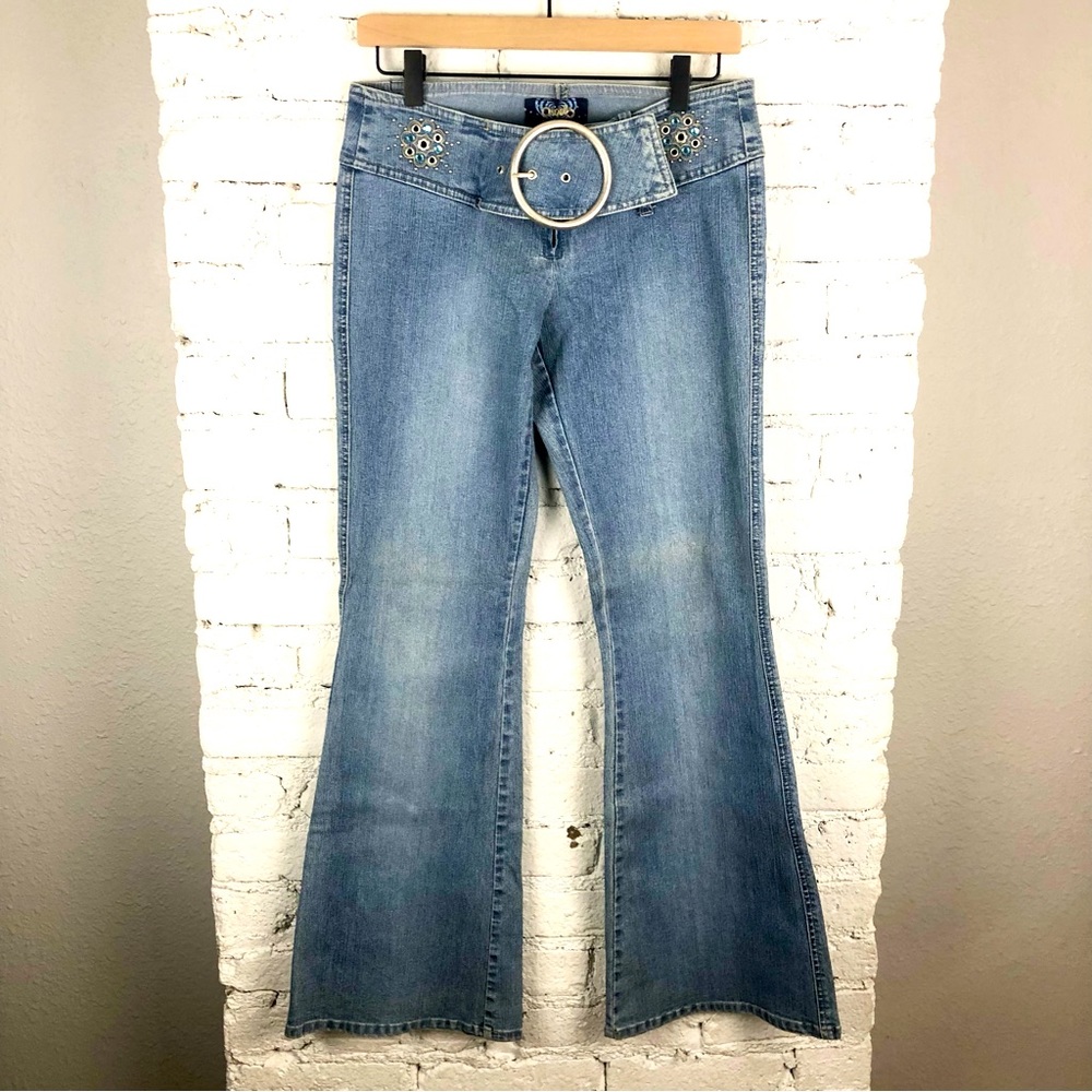 Vintage Angels Belted Low Mid Rise Flare Bling Jeans - Gem